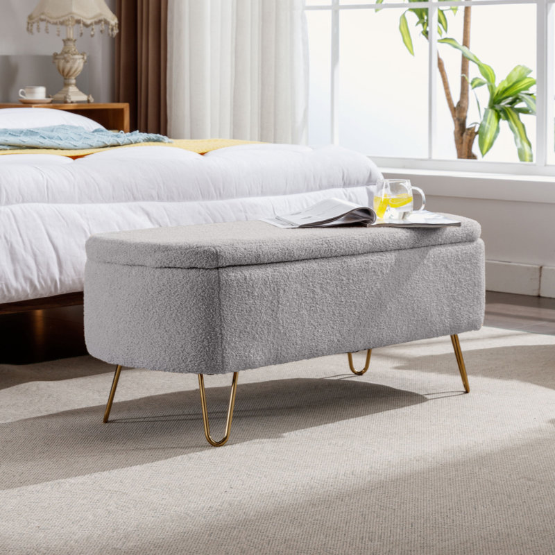 Grey Storage Ottoman Bench for End of Bed Gold Legs Modern Grey Faux Fur Entryway Bench Upholstered Padded with Storage for Living Room Bedroom